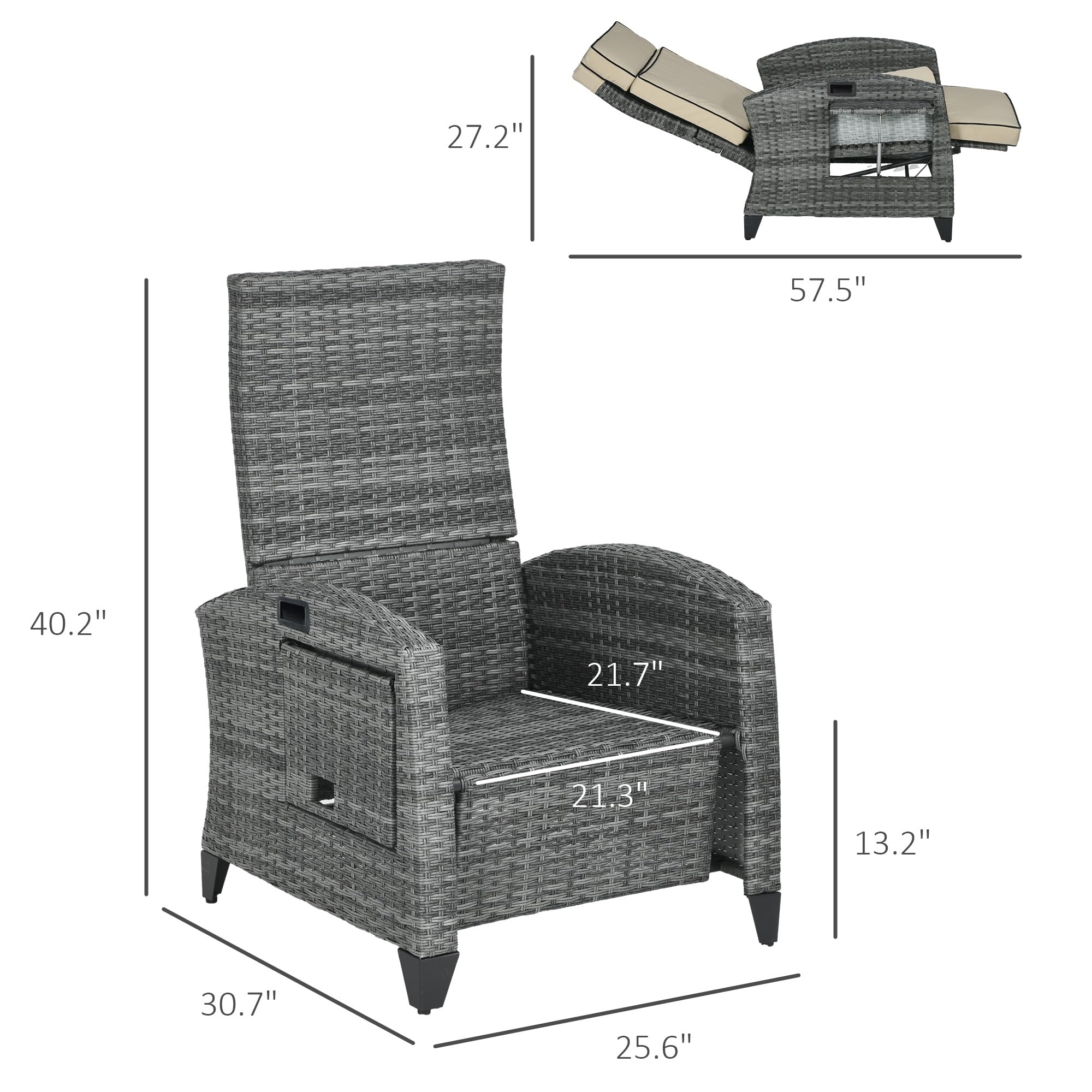 Outsunny Outdoor Recliner Chair with Cushions, PE Wicker Reclining Patio Lounge Chair with Adjustable Footrest, Armrests, Side Tray Table for Balcony, Porch, Khaki