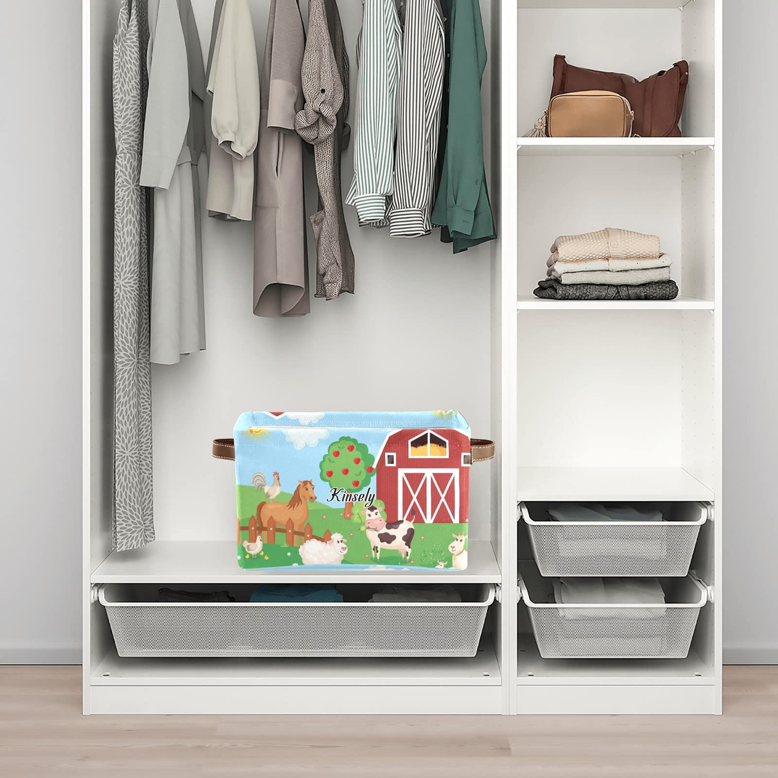Farm Animals Barn House Custom Storage Basket,Personalized Storage Bins Cubes Organizer with Handle for Bedroom Wardrobe,Nursery,Basket 1 Pack