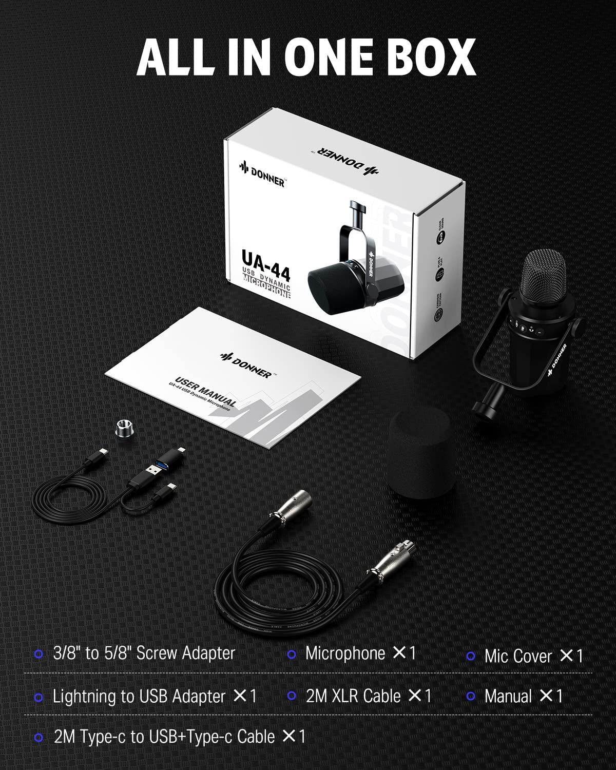 Donner XLR/USB Podcast Microphone, Vocal Dynamic PC Microphone for Recording, Live Streaming & Gaming, All Metal Cardioid Mic with Built-in Headphone Output, for iPhone & PS4/5, Black, UA-44