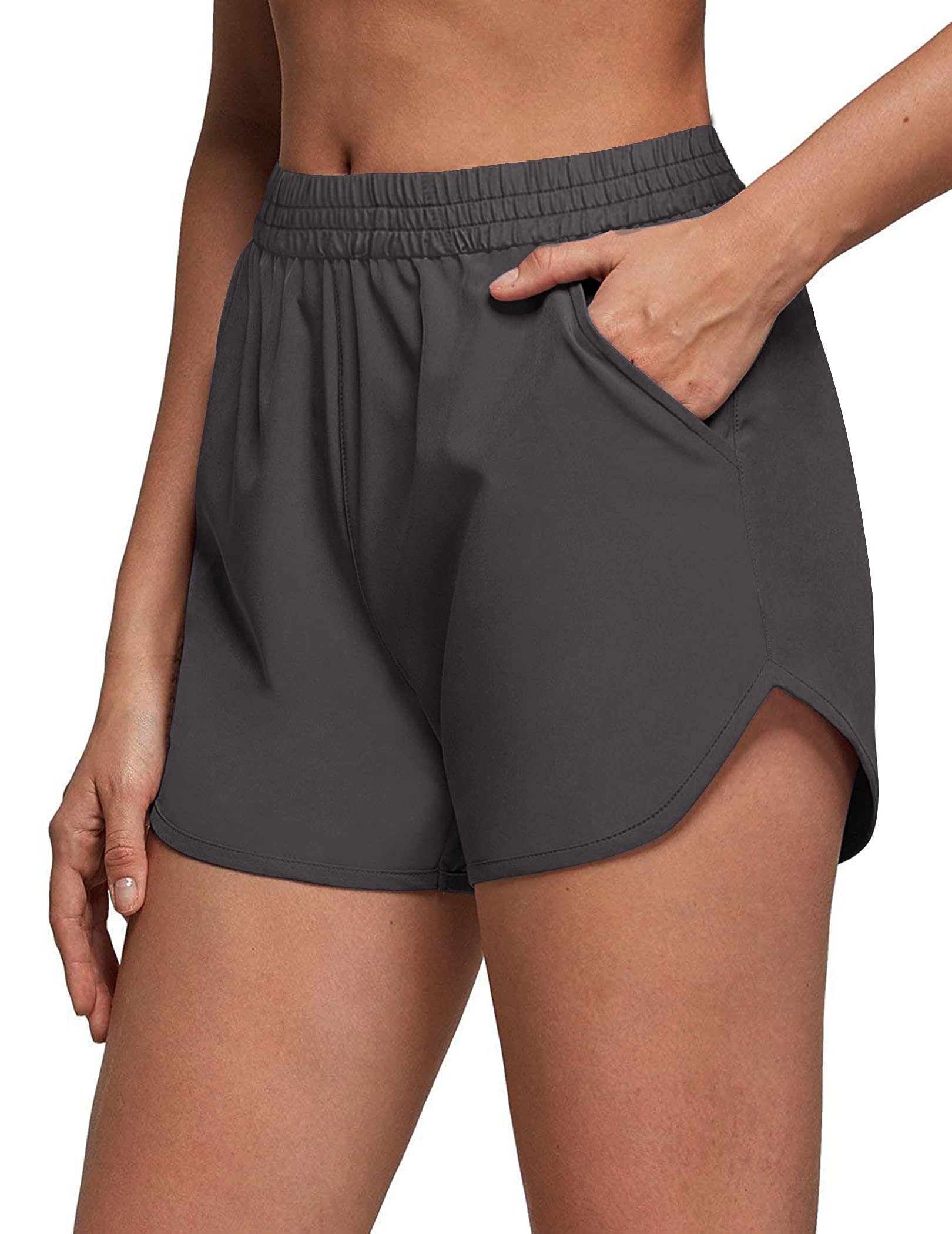 COOrun Workout Shorts for Ladies Quick Dry Running Short Liner Mesh Briefs Active Short with Pockets Dark Grey