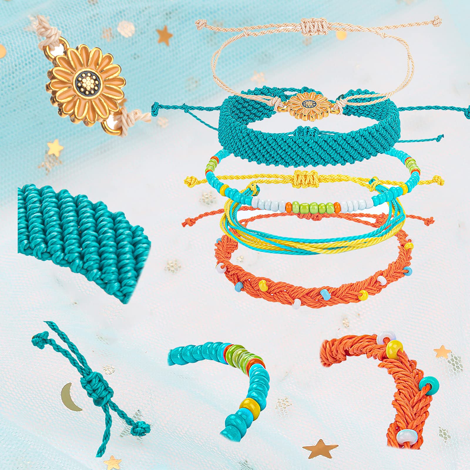 Braided Sunflower Boho String Woven Strand Bracelets Set for Women Adjustable Wrap Rope Charm Wave Jewelry Friendship Waterproof Gift Sunflower
