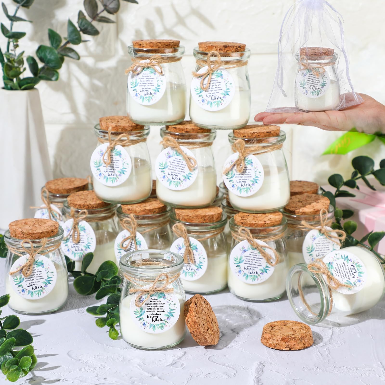 Threlaco 20 Pcs Baby Shower Favors Party Candle Lavender Scented Jars Candle Bulk Glass Mason Jar Candles Wax Candle for Guests Gender Reveal Party Gifts(Leaf)