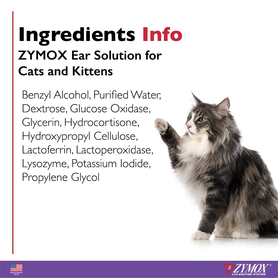 Zymox Enzymatic Ear Solution with 0.5% Hydrocortisone for Cats & Kittens, 1.25 oz. β Cleans & Refreshes Ear Canal for Relief from Ear Wax, Dirt Buildup, Itchiness, Irritation, Inflammation & Redness