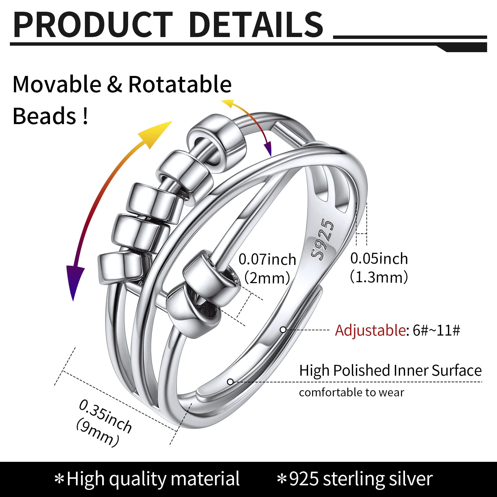 ChicSilver 925 Sterling Silver Anti Anxiety Rings For Women Men Fidget Spinner Band Ring Adjustable Stacking Spinning Beads Stress Relief Ring