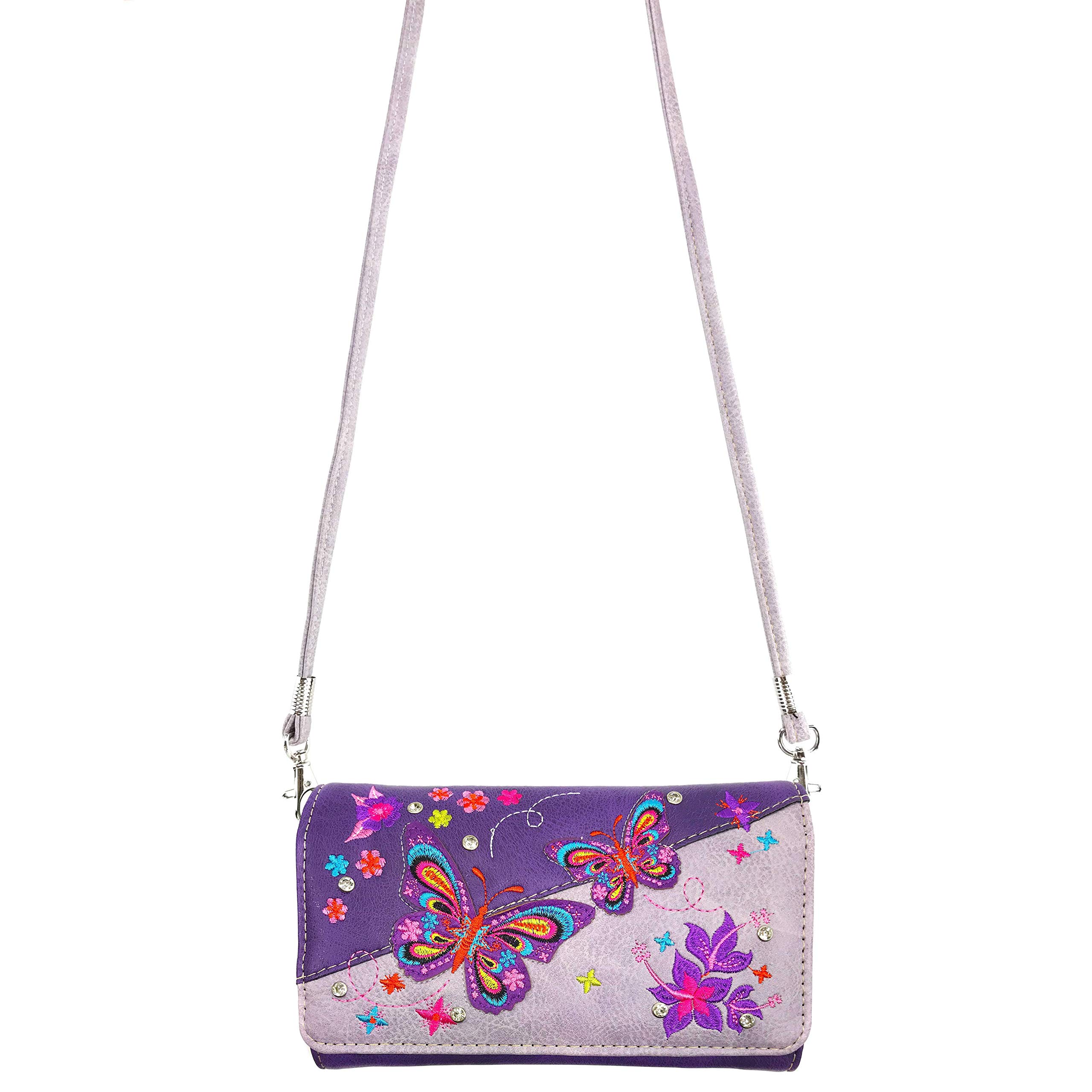 Zelris Butterfly Flower Season Embroidery Women Crossbody Wrist Trifold Wallet (Purple Violet)
