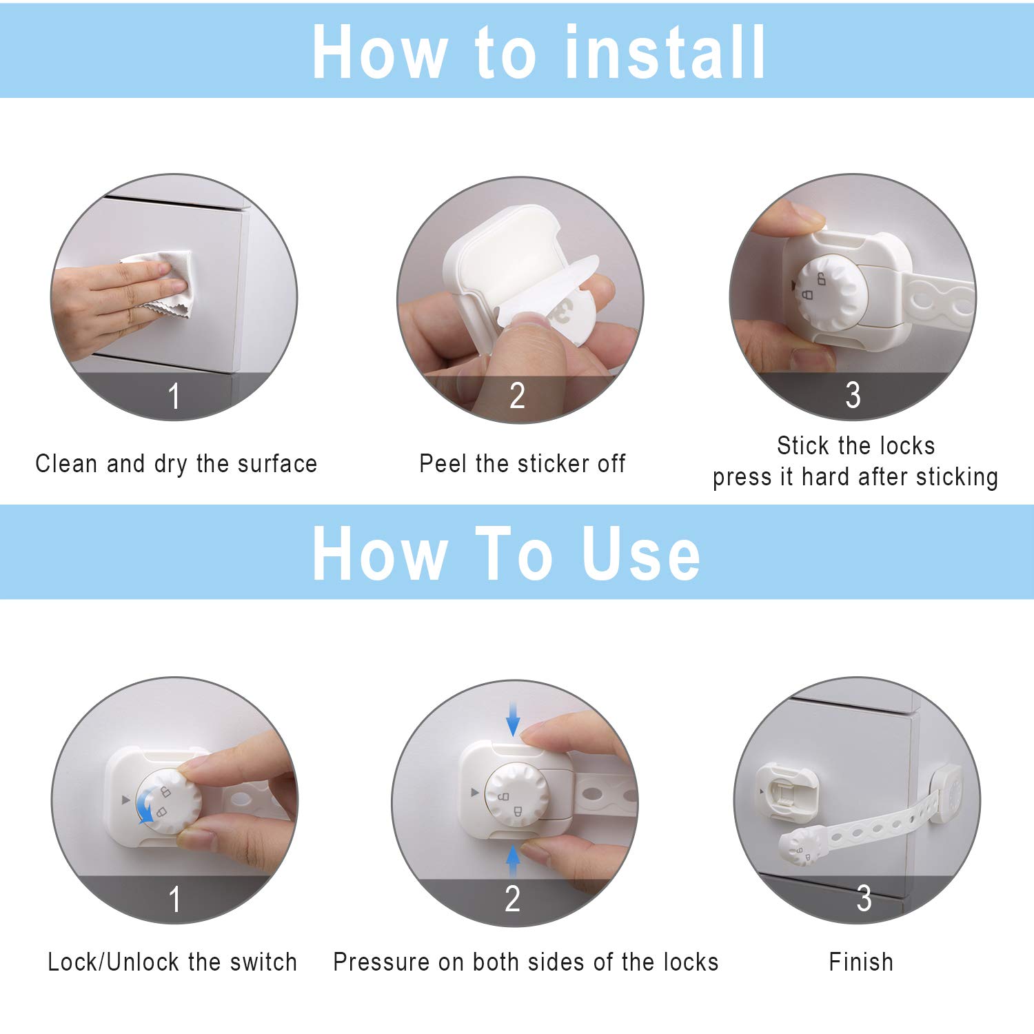 Child Proof Safety Locks[Upgraded], 6 Pack Baby Proof Cabinet Locks with Adjustable Strap/3M Adhesive, Baby Proof Double Lock System for Cabinets, Drawers, Oven, Fridge, Toilet Seat [No Drilling]