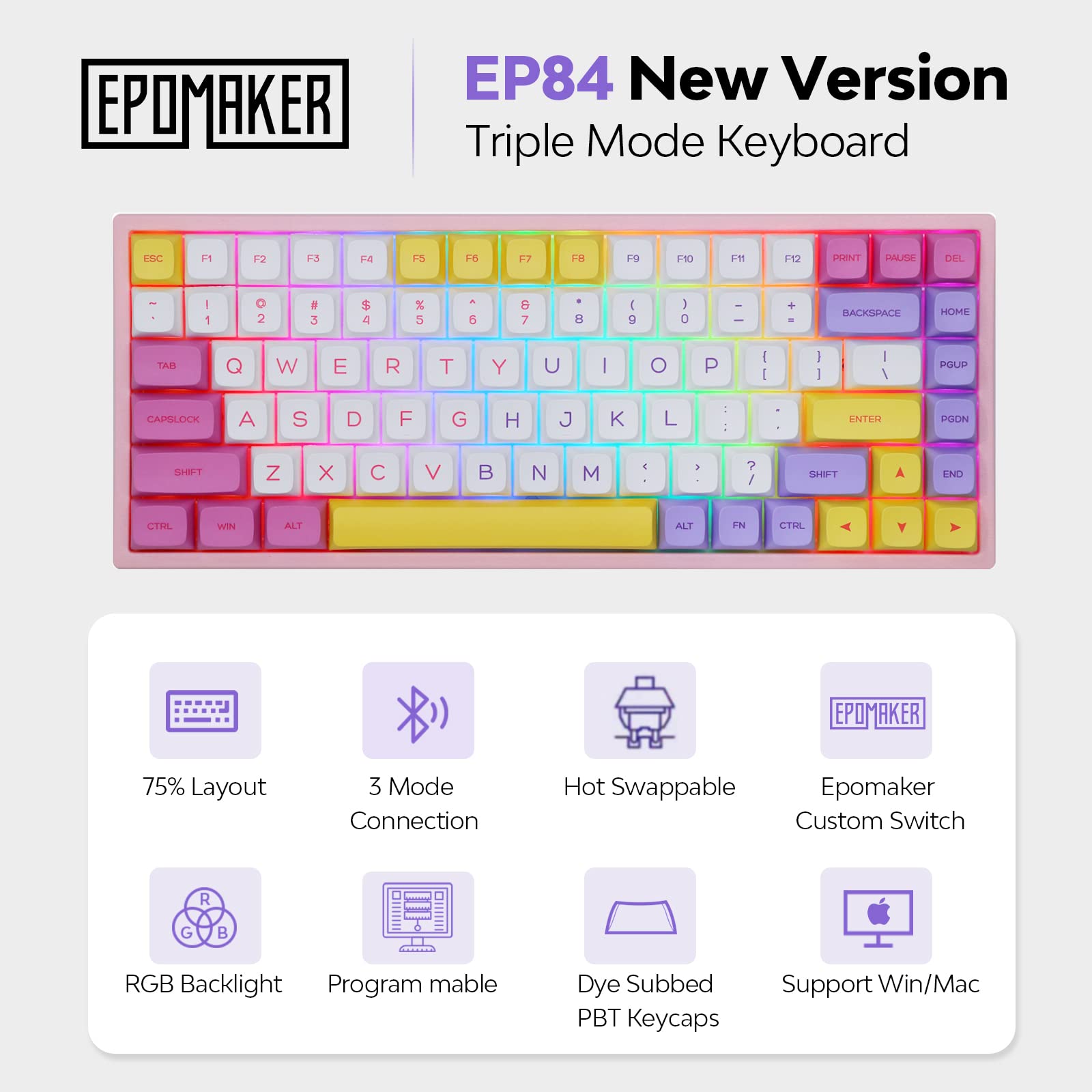 EPOMAKER EP84 Hot Swappable Gaming Keyboard (Flamingo) with TH21 Number Pad (Gateron Yellow Switch)