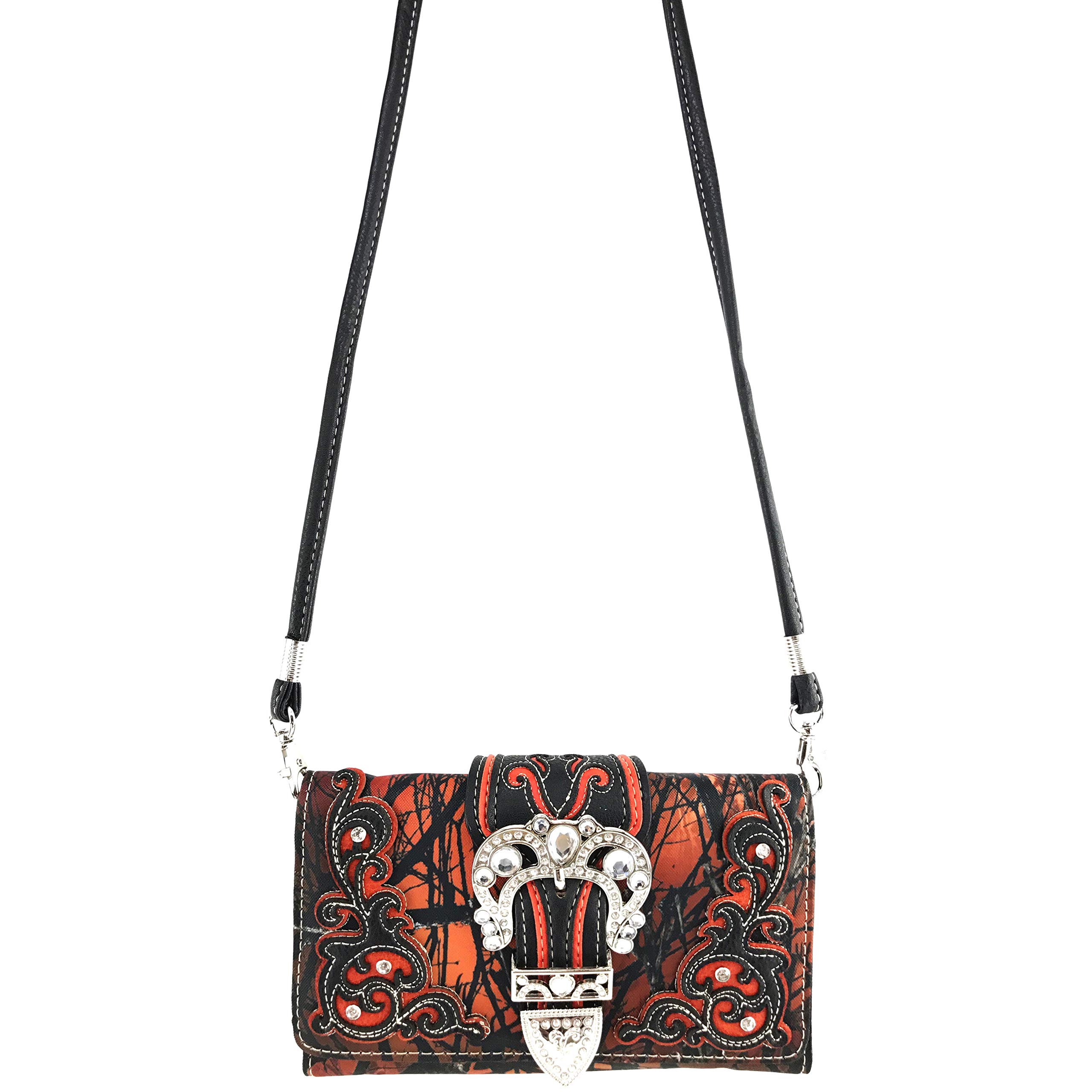 Zelris Camouflage Shine Glow Silver Buckle Women Crossbody Trifold Wallet (Orange)