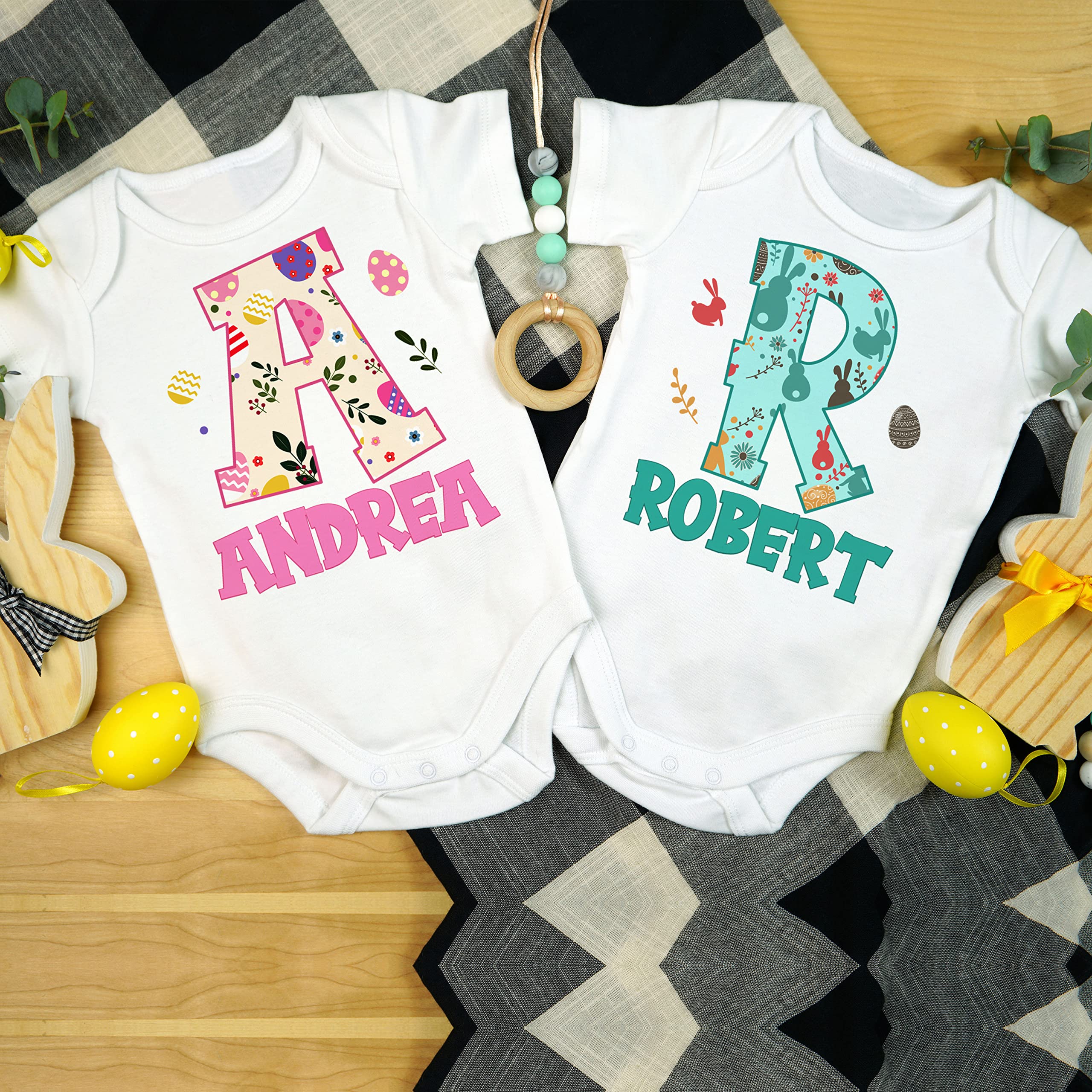 Personalized My First Easter Baby Onesie w/Name - 9 Design Customize 1st Boy Outfits Gifts Custom Girl Outfit Bunny Clothes Kids Bodysuit Newborn 6M 12M 18M 24M C1, White