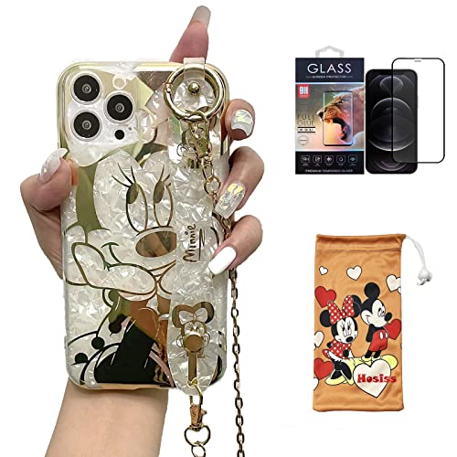 Hosiss Cartoon Case for iPhone 14 Pro Max 6.7" with HD Screen Protector, Minnie Mouse with Wrist Strap Kickstand Metal Chain Strap Soft TPU Shockproof Protective for Girls Women