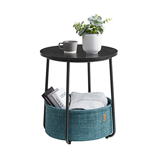 VASAGLE Small Round Side End Table, Modern Nightstand with Fabric Basket, Classic Black, Dark Turquoise
