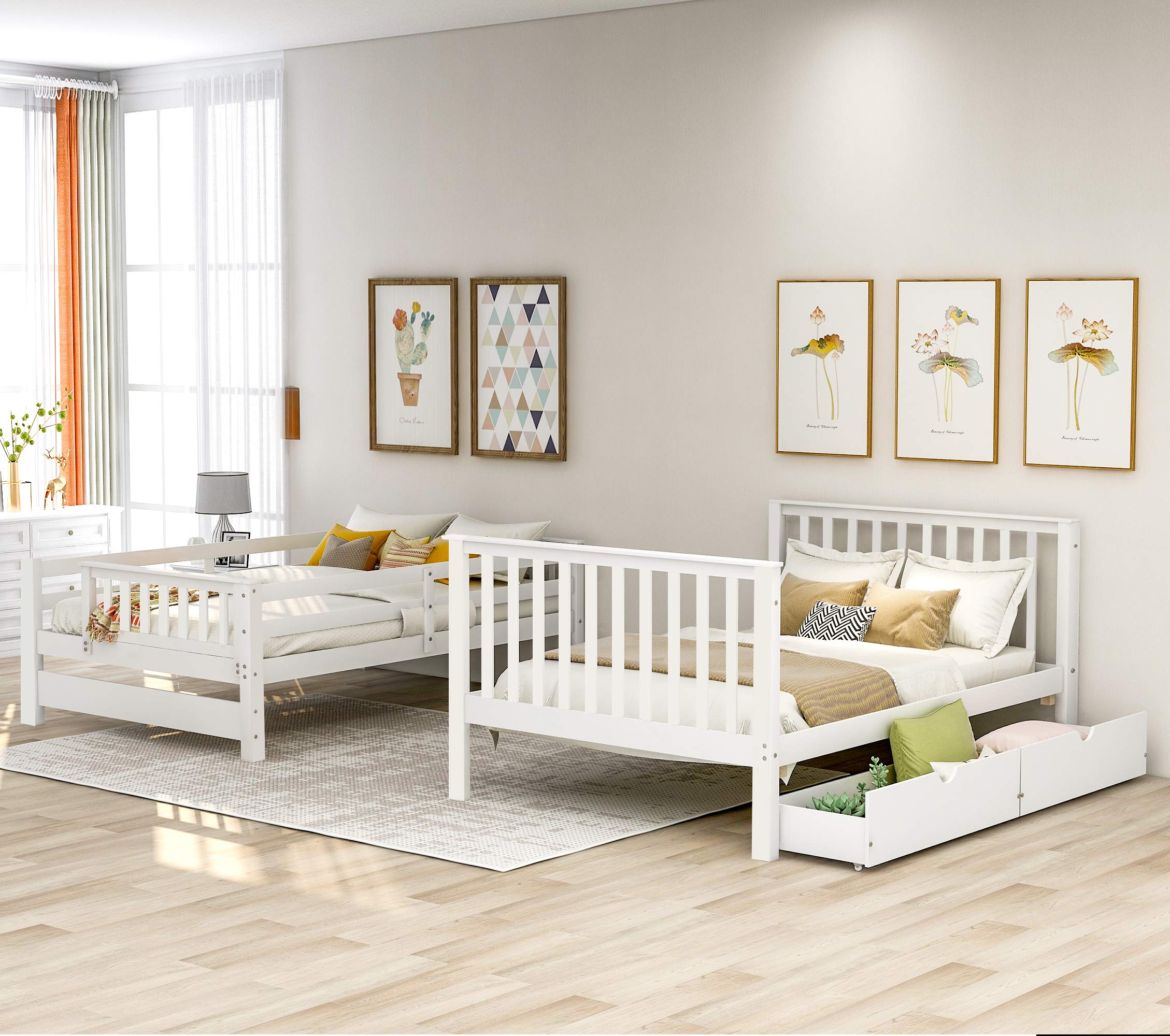 Harper & Bright Designs Full Over Full Bunk Bed with 6 Storage Drawers, Wooden Full Bunk Beds with Stairway and Shelves, Detachable Bunk Bed for Kids, Teens, Adults Boys & Girls (New, White)