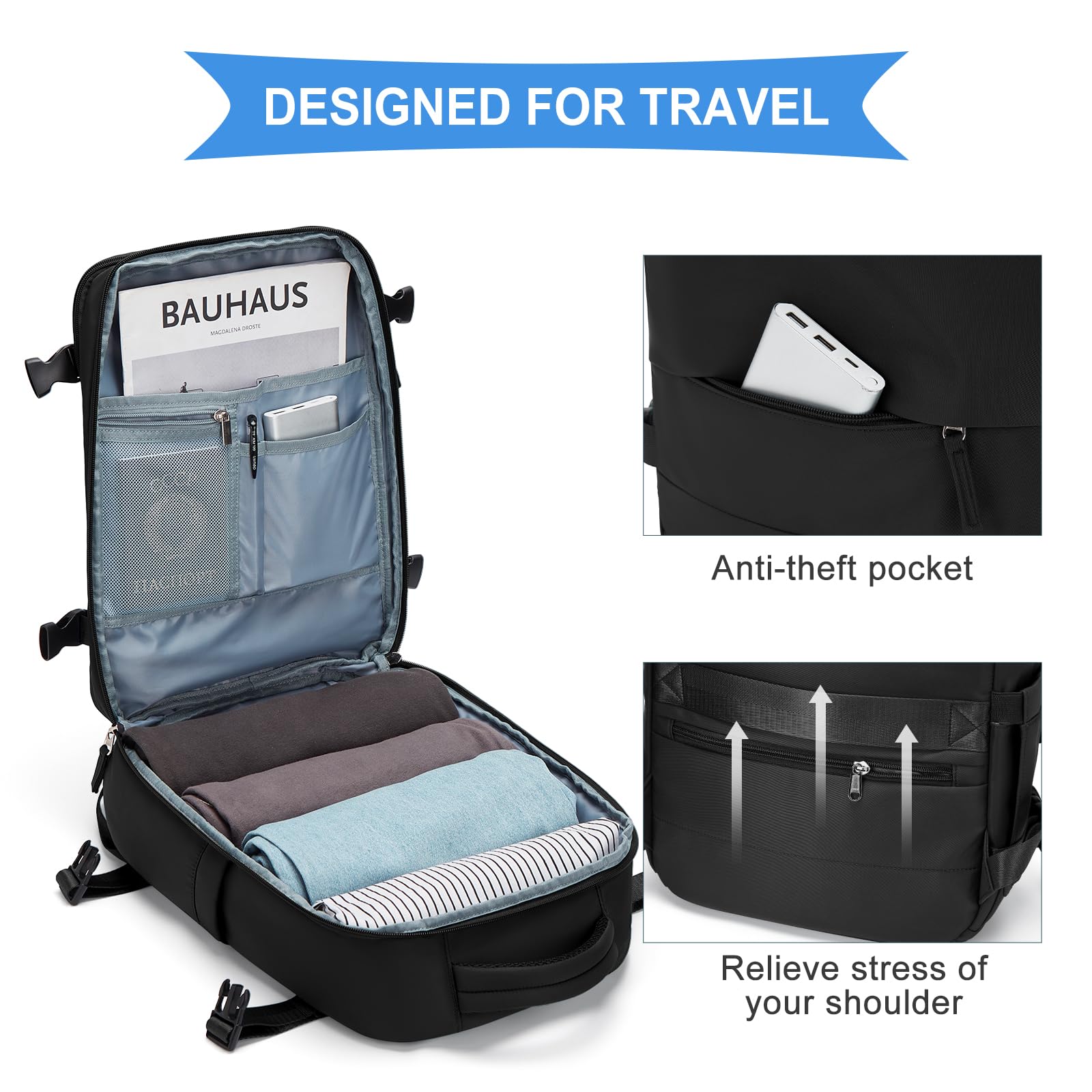 coowoz Large Travel Backpack For Women Men,Carry On Backpack,Hiking Backpack Waterproof Outdoor Sports Rucksack Casual Daypack Travel Essentials(Black Minimalist)