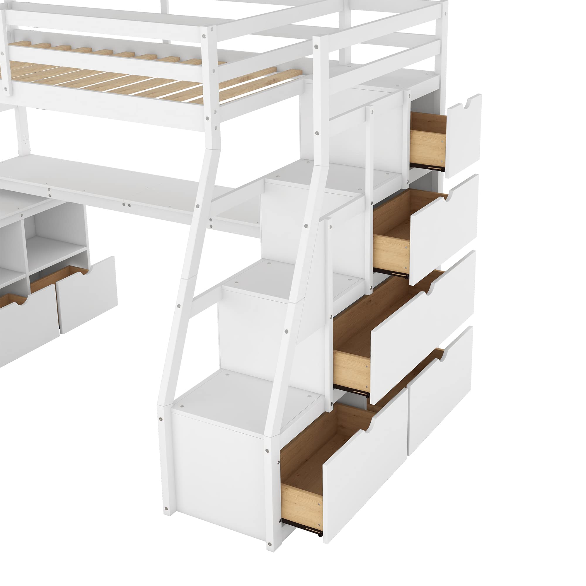 Harper & Bright Designs Twin Size Loft Bed with 5-Drawers Storage Stairway, Built-in Desk with Cabinet, 2 Drawers and Shelves, Full Length Guardrail Twin Loft Bed Frame, White
