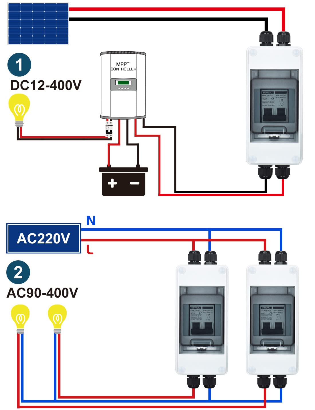 DIHOOL 40 Amp Circuit Breaker Box, Solar Panel Disconnet Switch, DC Miniature Circuit Breaker