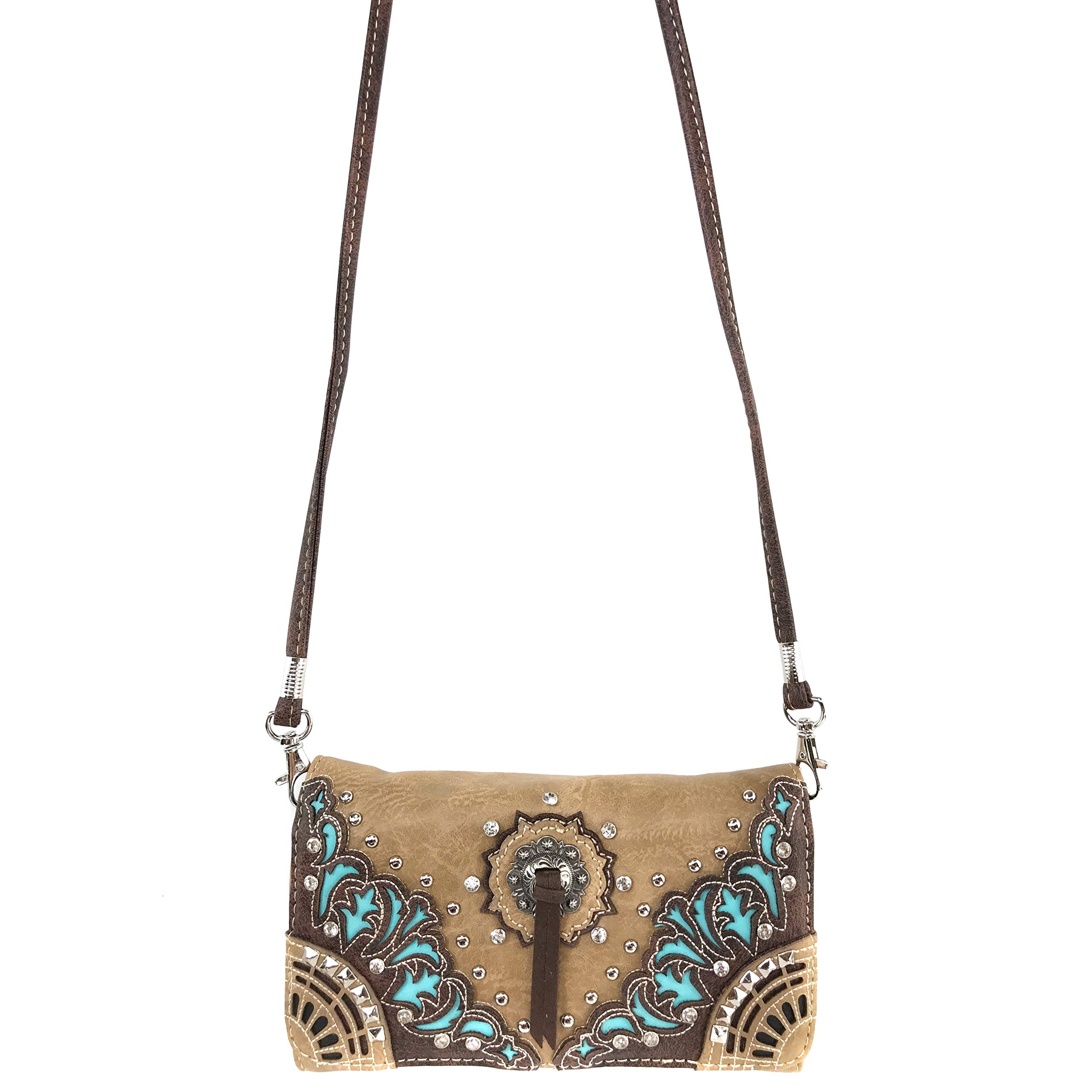 Zelris Autumn West Fringe Concho Women Crossbody Wrist Trifold Wallet (Tan)
