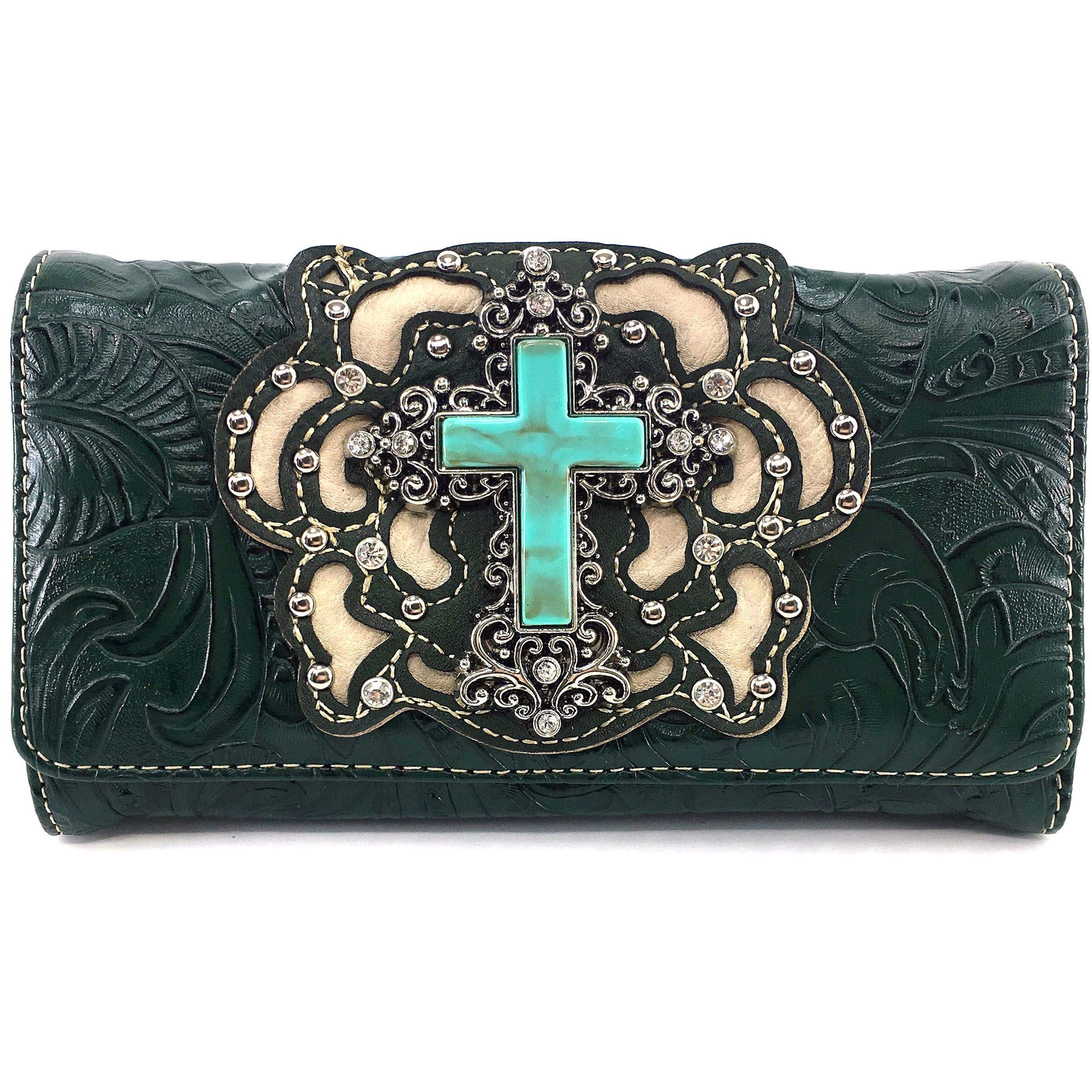 Zelris Western Turquoise Stone Cross Women Crossbody Wrist Handle Trifold Wallet (Olive)