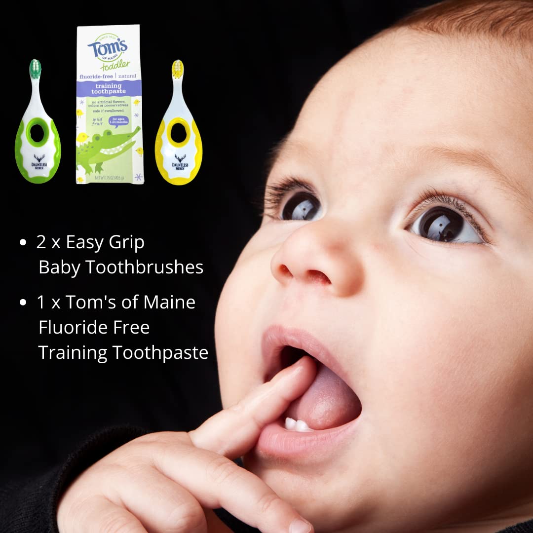 Dauntless Merch Easy to Grip Baby Toothbrush, and Fluoride Free Toddler Training Toothpaste, Mild Fruit Flavor, 1.75 oz. Starter Set.