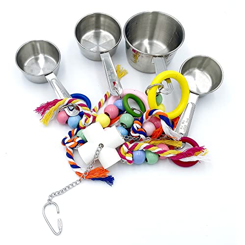 GILYGI Bird Parrots Pullable Stainless Steel Pots Toys, Bird Foraging Toys with Colorful Rope and Wooden Beads Rings for Small and Medium Parrot Bird