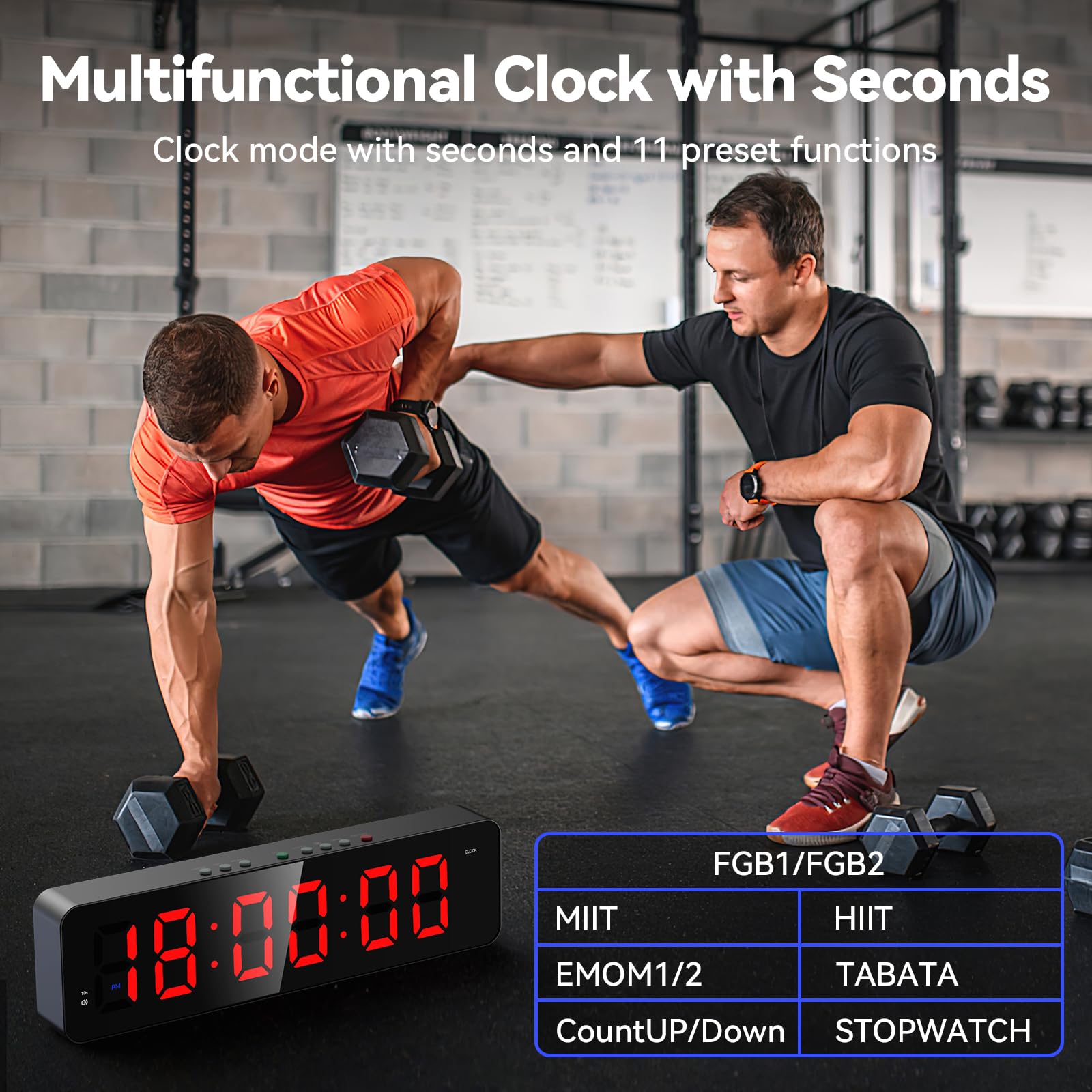 Seesii Gym Timer,LED Workout Colck Count Down/Up Clock,11.5" x 4" Ultra-Clear Digital Display, Power Bank Compatible with Workout Metal Stopwatch, Multi-Scenes with Remote