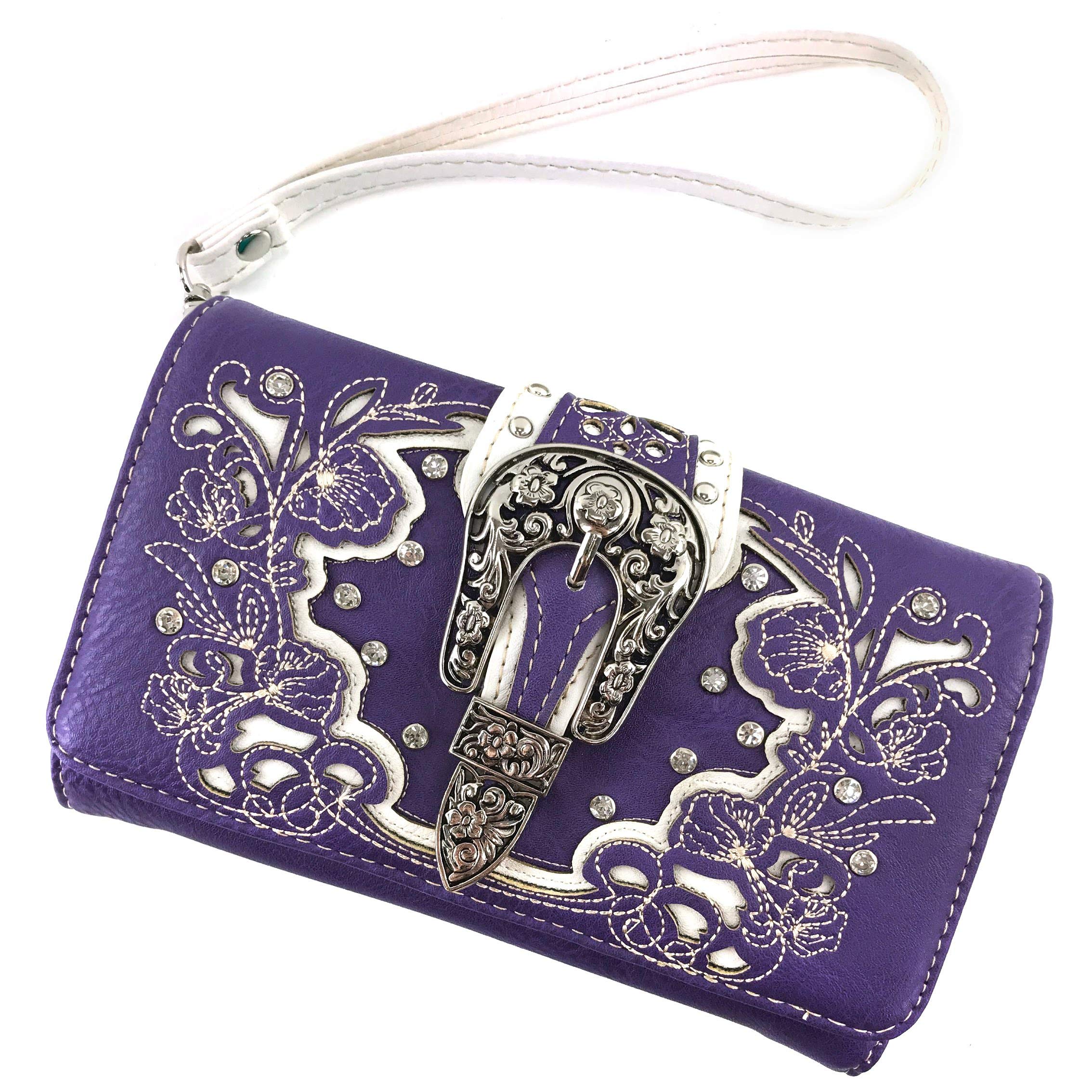 Zelris Western Floral Blossom Buckle Women Crossbody Wrist Trifold Wallet (Purple)