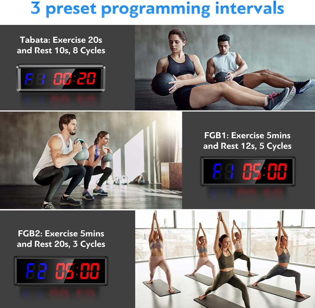 Seesii Gym Timer,LED Workout Colck Count Down/Up Clock,11.5" x 4" Ultra-Clear Digital Display, Power Bank Compatible with Workout Metal Stopwatch, Multi-Scenes with Remote (1.5 Inch Blue Red)
