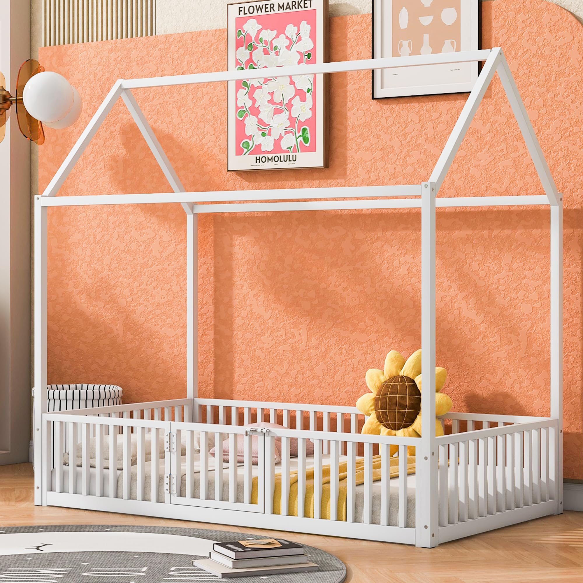 Merax Twin Size Montessori Floor Bed, Metal House Bed Frame with Roof for Kids, Teens, Girls, and Boys, No Box Spring Needed, White