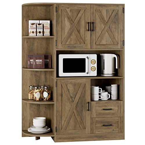 HOSTACK 60.4" Farmhouse Kitchen Pantry Storage Cabinet, Freestanding Hutch with Doors & Shelves, Buffet Sideboard with Microwave Stand, Coffee Bar with Drawers, Cupboard for Dining Room, Rustic Brown