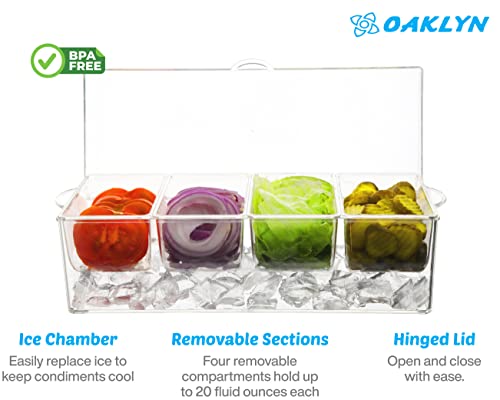 Oaklyn Large Clear Condiment Server Organizer on Ice with Containers and Lid β BPA-Free Serving Bar Compartments and Plastic Box Tray β Chilled Caddy Dispenser Set - Holds 80 oz Total