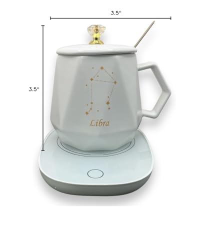 RedRoko Zodiac Sign Star Self Heating Coffee Mug - Astrology Coffee Mugs, Constellation, Astrology Zodiac Signs, Coffee Warmer Mug, Ceramic Coffee Mug with Hot Plate, Spoon & Lid - Libra - White