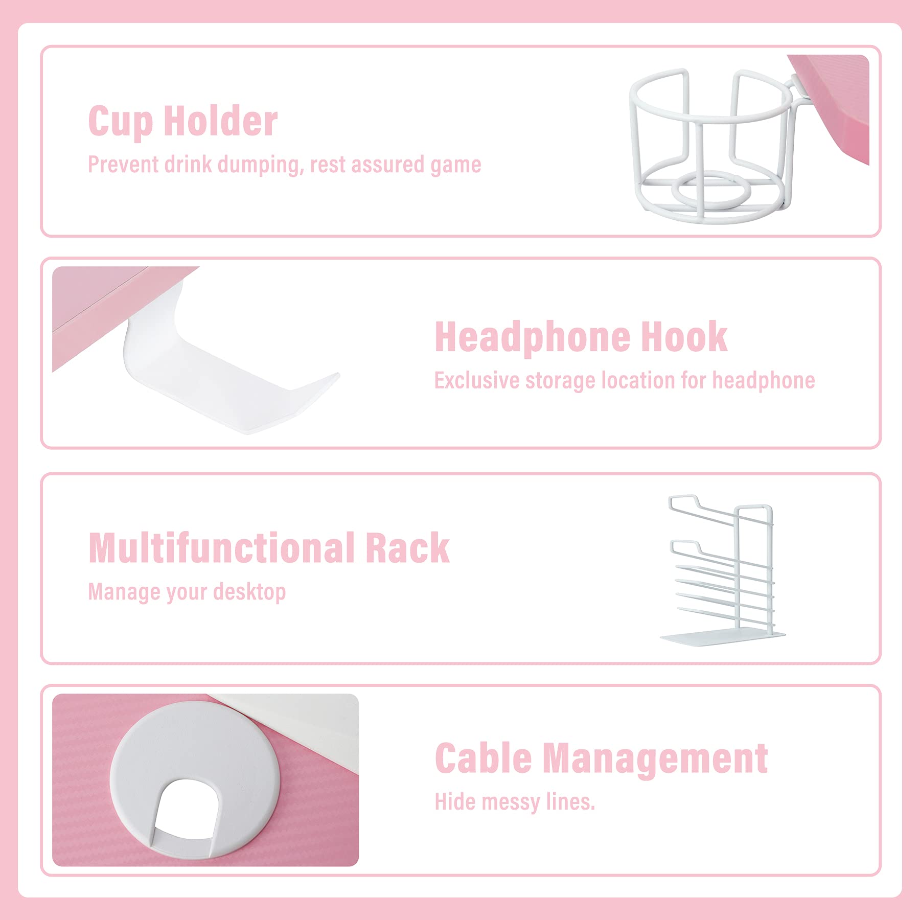 YOUTHUP Gaming Desk with LED Lights, 55 Inch Z Shaped Game Desk for PC Gamer, Ergonomic Racing Style Computer Table Workstation with Remote Control, Headphone Hook, Cup Holder, Handle Rack, Pink