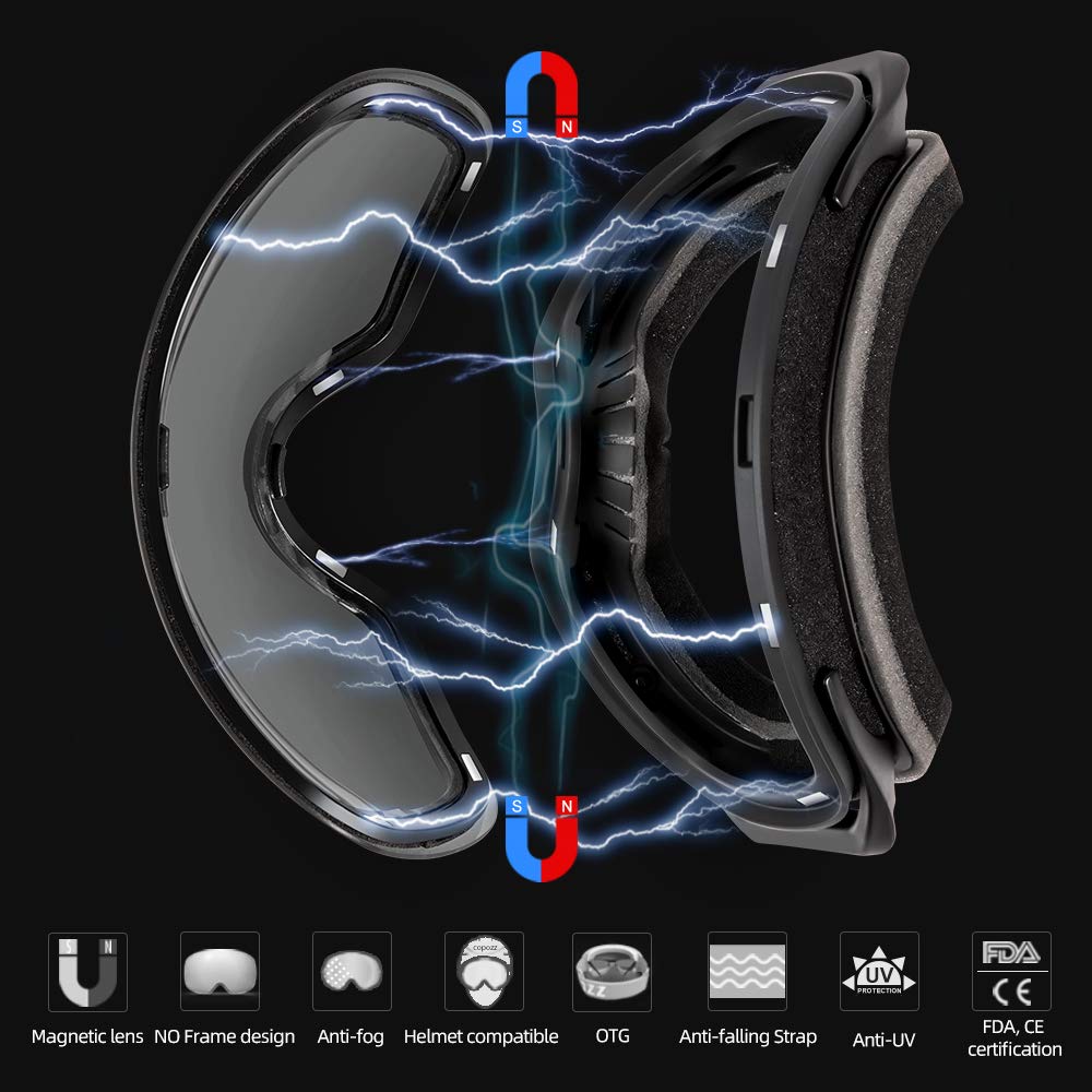 COPOZZ S2 Ski Goggles, Magnetic Snow Snowboard Goggles - Helmet Compatible Over Glasses OTG Design Non-Slip Strap UV400 Protection for Men and Women … (Silver Goggle-(VLT 8%))