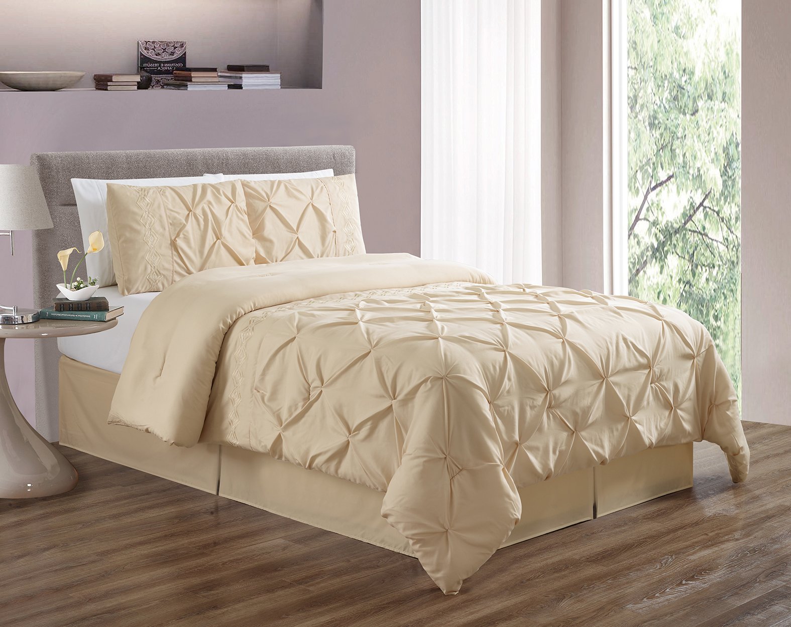 Grand Linen 3 Piece Queen Size Ivory Double-Needle Stitch Puckered Pinch Pleat-Embroidered Duvet Cover Set