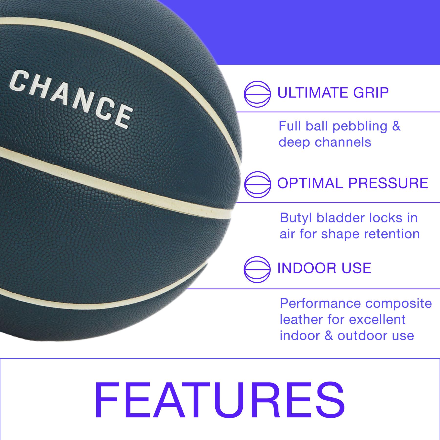 Chance Premium Indoor/Outdoor Basketball - Composite Leather (Sizes: 5 Youth, Size 6, Size 7) (Pebble - Teal, 6 Women's Official - 28.5")