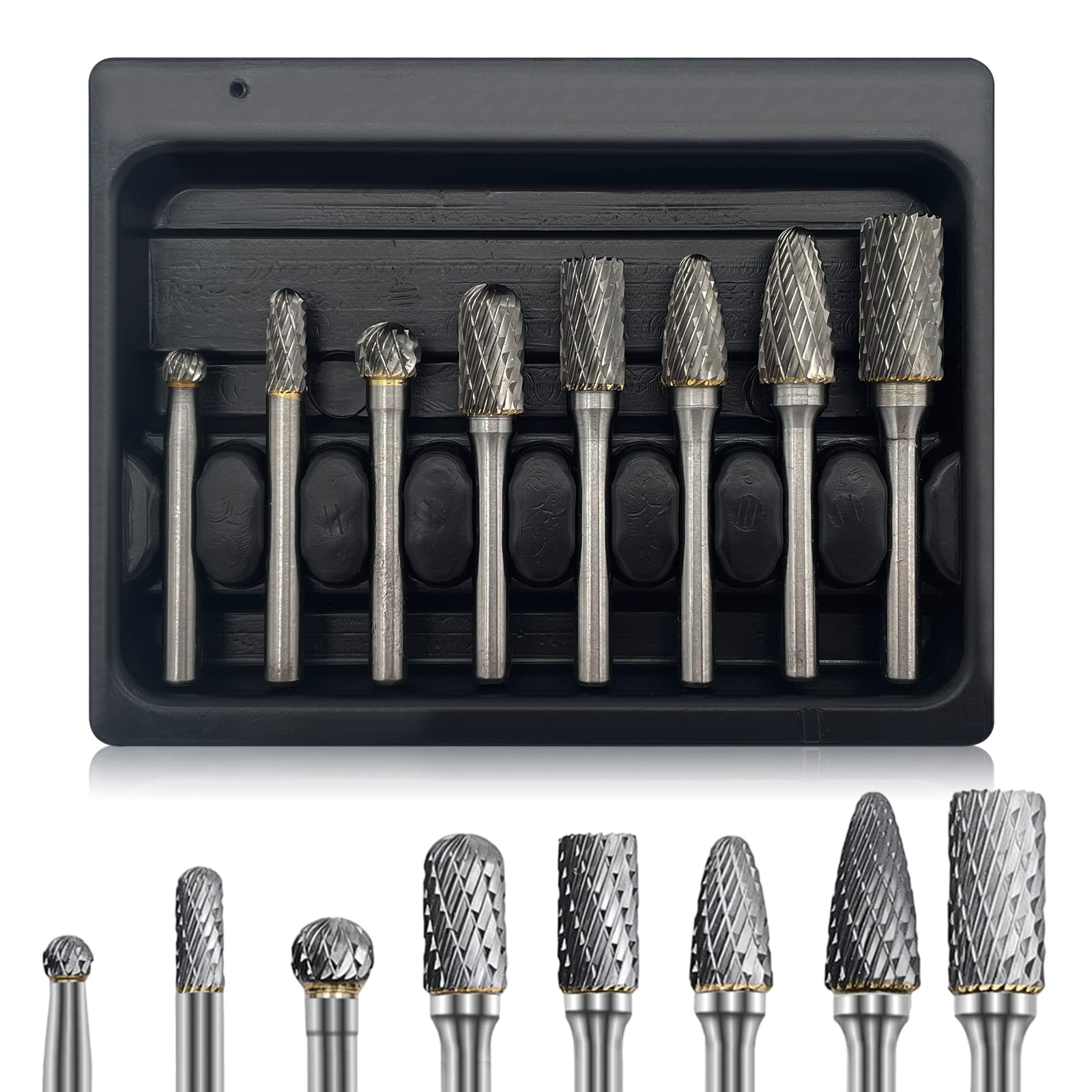 Carbide Burr Set, 1/4" Shank Die Grinder Bits, Tungsten Rotary Tool Bits Double Cut Rasp Files for Metal Weld Wood Stone Concrete Grinding Deburring Trimming Polishing Cutting, 8-pc in Sturdy Case