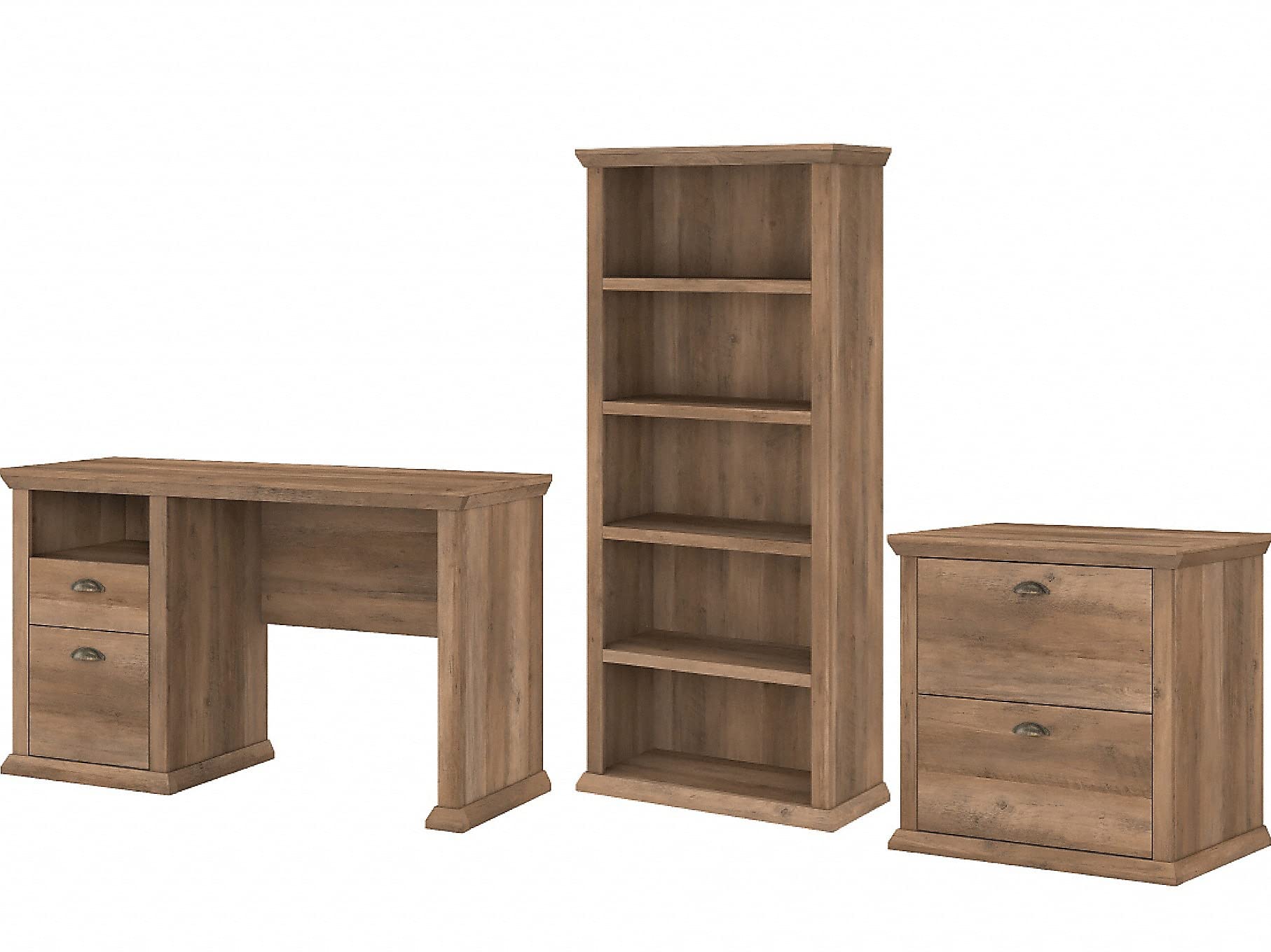 Bush Furniture Yorktown Home Office Desk with Lateral File Cabinet and 5 Shelf Bookcase, 50W, Reclaimed Pine