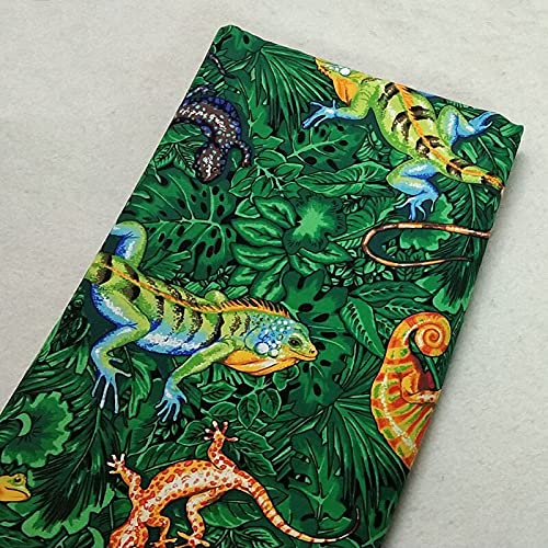PUMCRAFT Sewing Fabric 100% Cotton Green Leaf Colorful Lizard Printing Plain Cotton Fabric Animal Forest Variety Colorful DIY Patch - 50cm - 105cm Fabric Patchwork Craft
