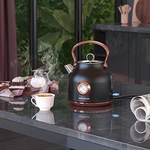 NESSGRAIM Retro Electric Kettle, 1.7L Stainless Steel Tea Kettle with Large Temperature Gauge, 1500W Fast Heating Hot Water Boiler with LED Indicator, Auto Shut-off & Boil-Dry Protection-Reteo Black