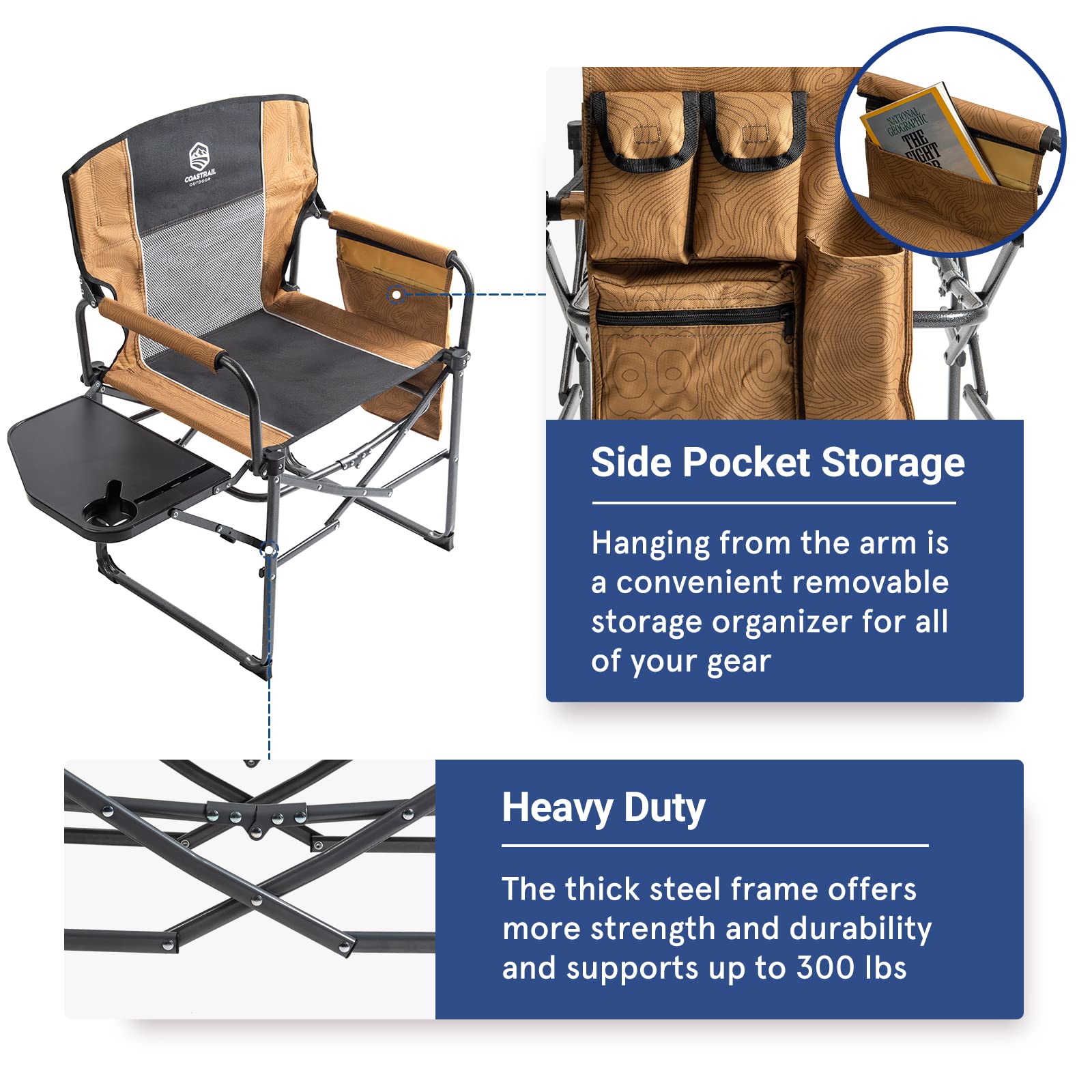 Coastrail Outdoor Directors Chair Extra Compact Folding Camping Chair with Large Side Table, Breathable Mesh Back, Cup & Phone Holder, Storage Pockets & Handle, Bonus Carry Bag,Khaki, X-Large