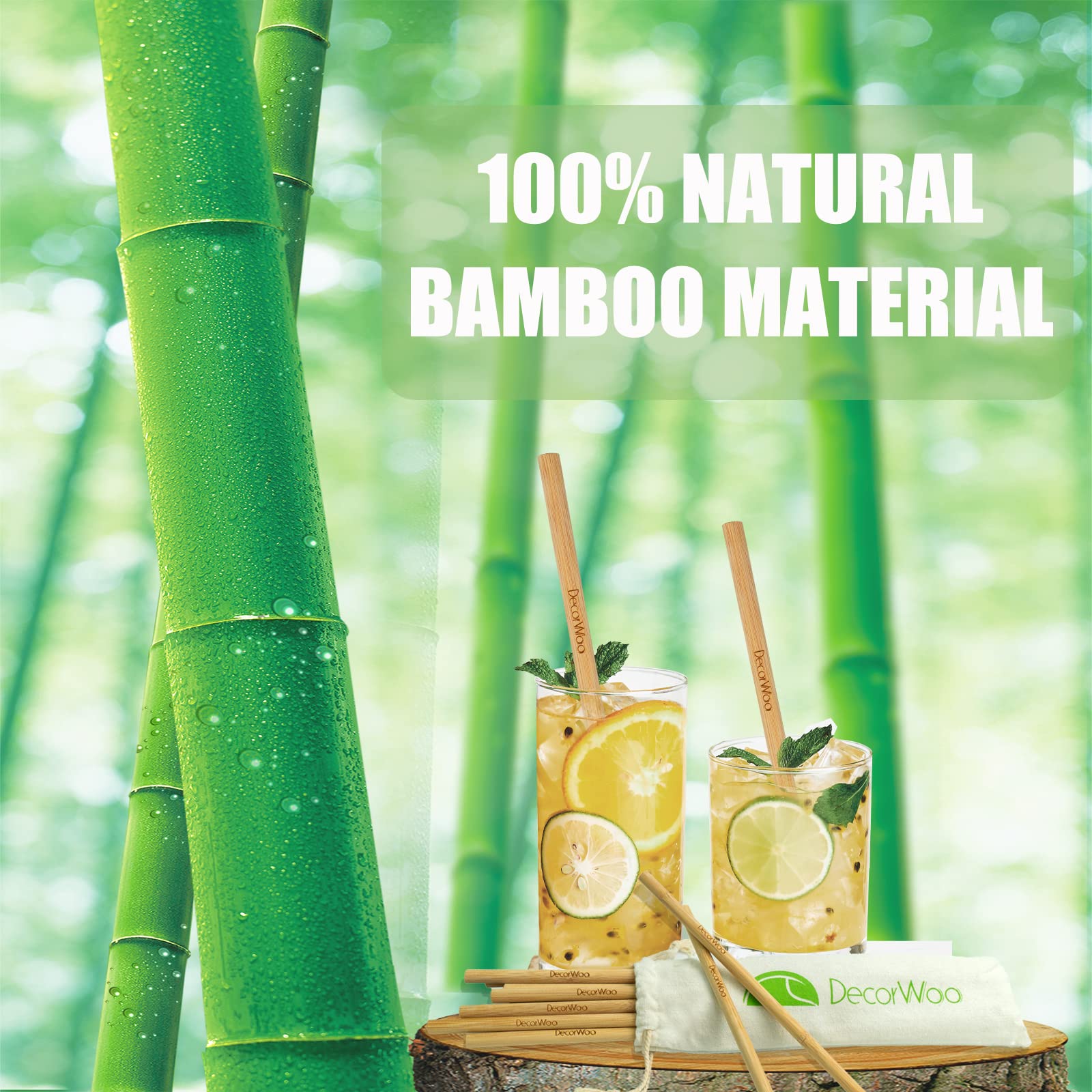 DecorWoo 20 Pack Reusable Straws, 7.8 Inch Bamboo Straws BPA Free, Biodegradable Wooden Straws Alternative to Plastic Straws, Include Cleaning Brush and Travel Pouch