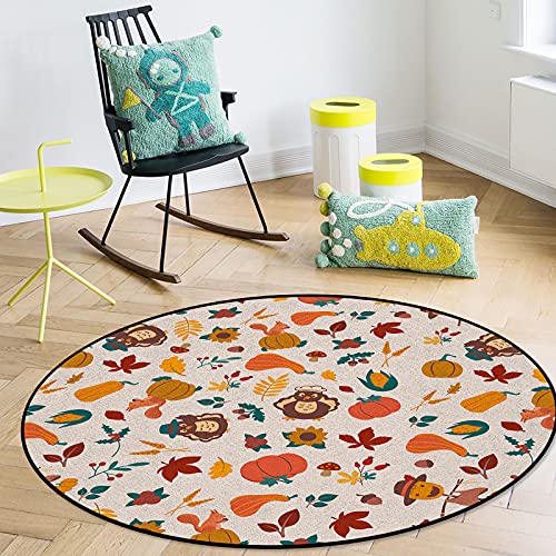 Thanksgiving Area Rug Round Diameter 3.3ft, Decorative Floor Carpets Circle Mats, Washable Felt Rugs for Bedroom, Living Room, Nursery, Office, Pumpkin Maple Leaf Scarecrow Owl Fall