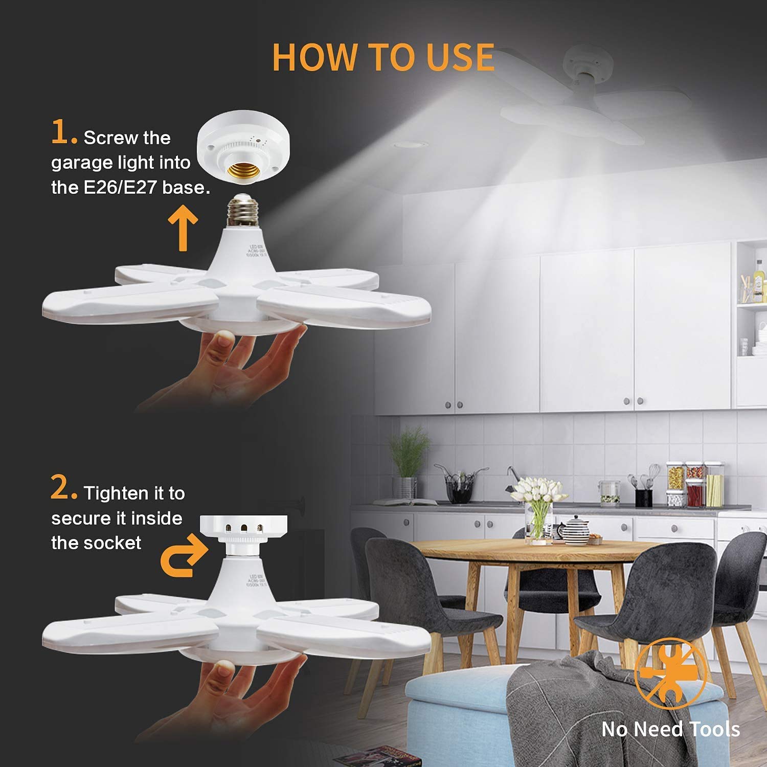 LED Garage Light 2 Pack 60W E26/E27 6000LM Deformable Ceiling Trilights LED Lights 6500K Daylight White Garage LED Bulb with 4 Adjustable LED Panels, Bay Lights for Warehouse Workshop Basement Barn