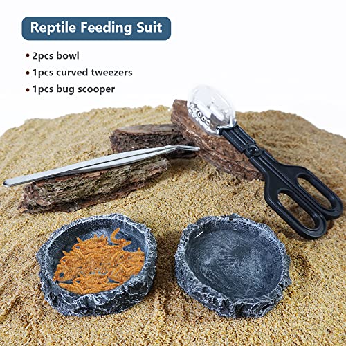GKPONSX 2 Pack Reptile Food Bowls, Imitating Rock Design Water Dish and Feeder Food Bowls with Tongs Bug Scooper for Leopard Gecko Snake Lizard Turtle Chameleon