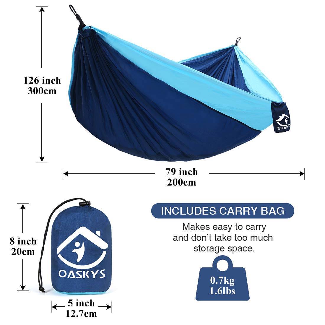 Camping Hammock Double with 2 Tree Straps Made of Portable Lightweight Nylon Parachute for Backpacking,Travel,Beach,Yard and Outdoor Survival (NavyBlue-Blue)