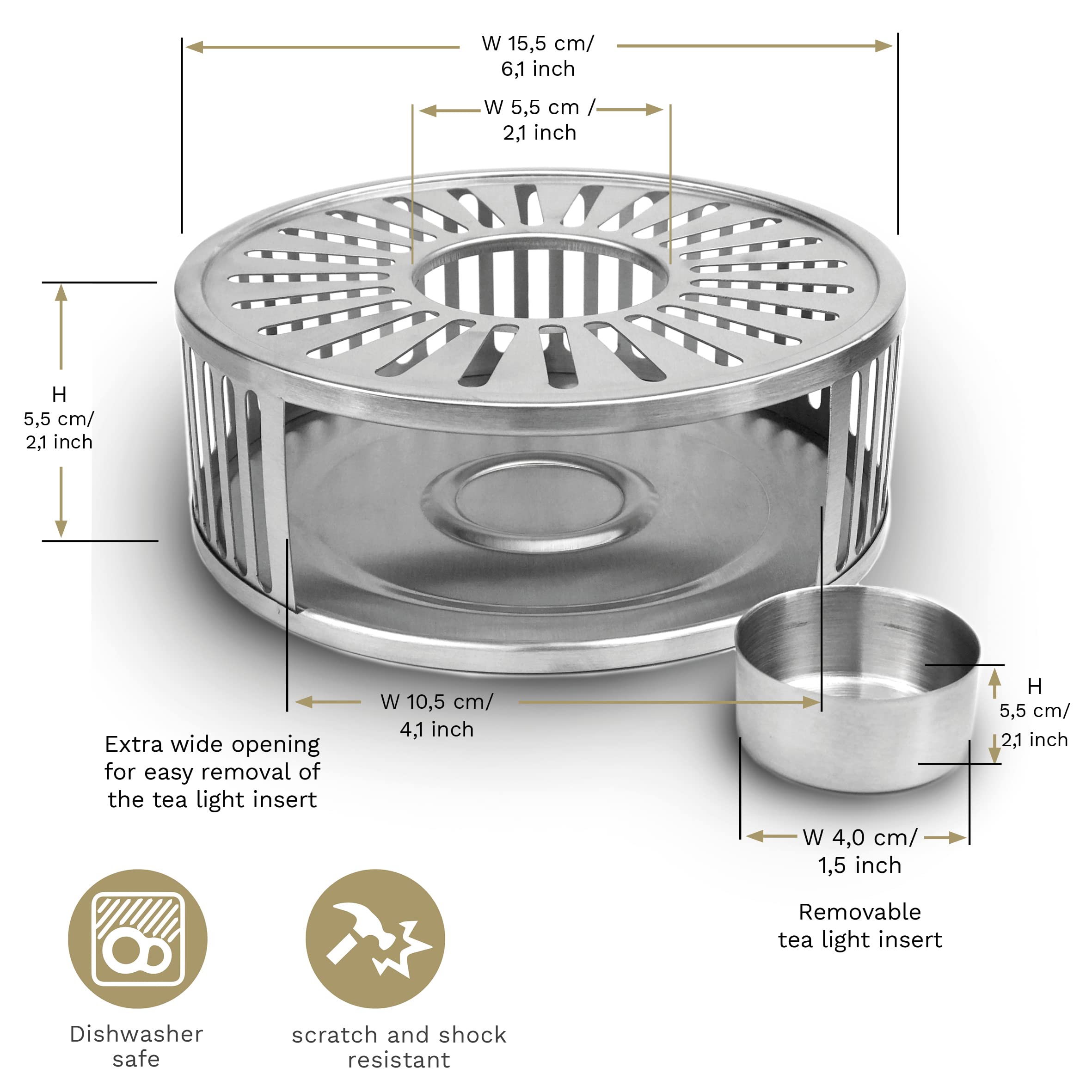 Creano Designer Stainless Steel Tea Warmer with Tea Light Holder - Tea Cosy - Stable Not Rattling - Rechaud Suitable for All Teapots