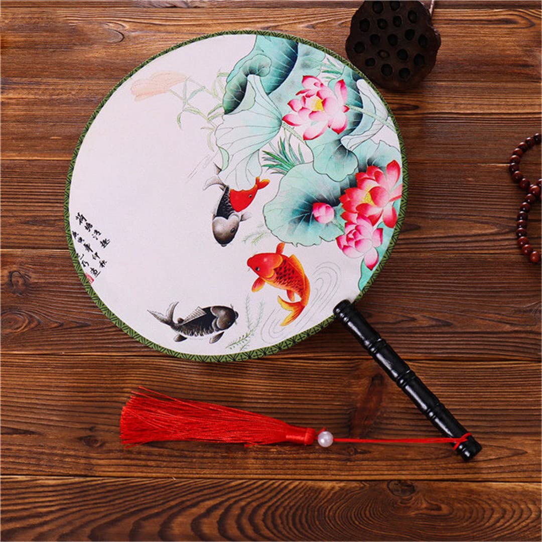 Chinese Japanese Style Female Round Fans Classical Dance Fan Handheld Circular Vintage Fan with Tassel Pendant