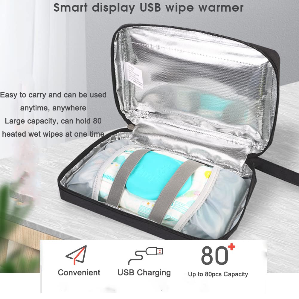ERIQKCA Portable Car Wipes Heater Warmer, Multifunctional Baby Wet Wipes Warmer with Digital Display Screen, Home Car Dual-use Thermostat Heating Bag for Travel/Camping/Working (Black)
