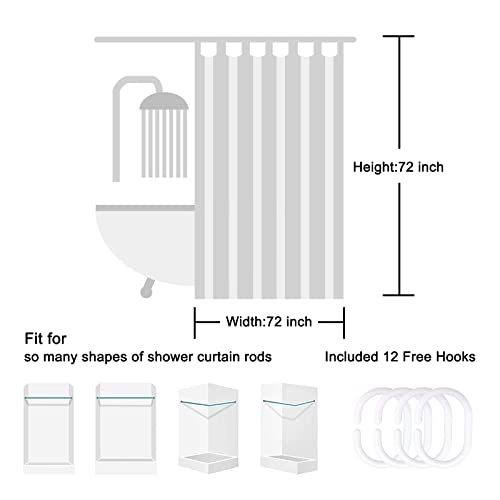 Punkray Grey and White Striped Fabric Shower Curtain for Bathroom with 12 Hooks, Curtains 72 Inches Long, Weighted Hem,Waterproof Bath Accessories Hotel Style - Machine Washable