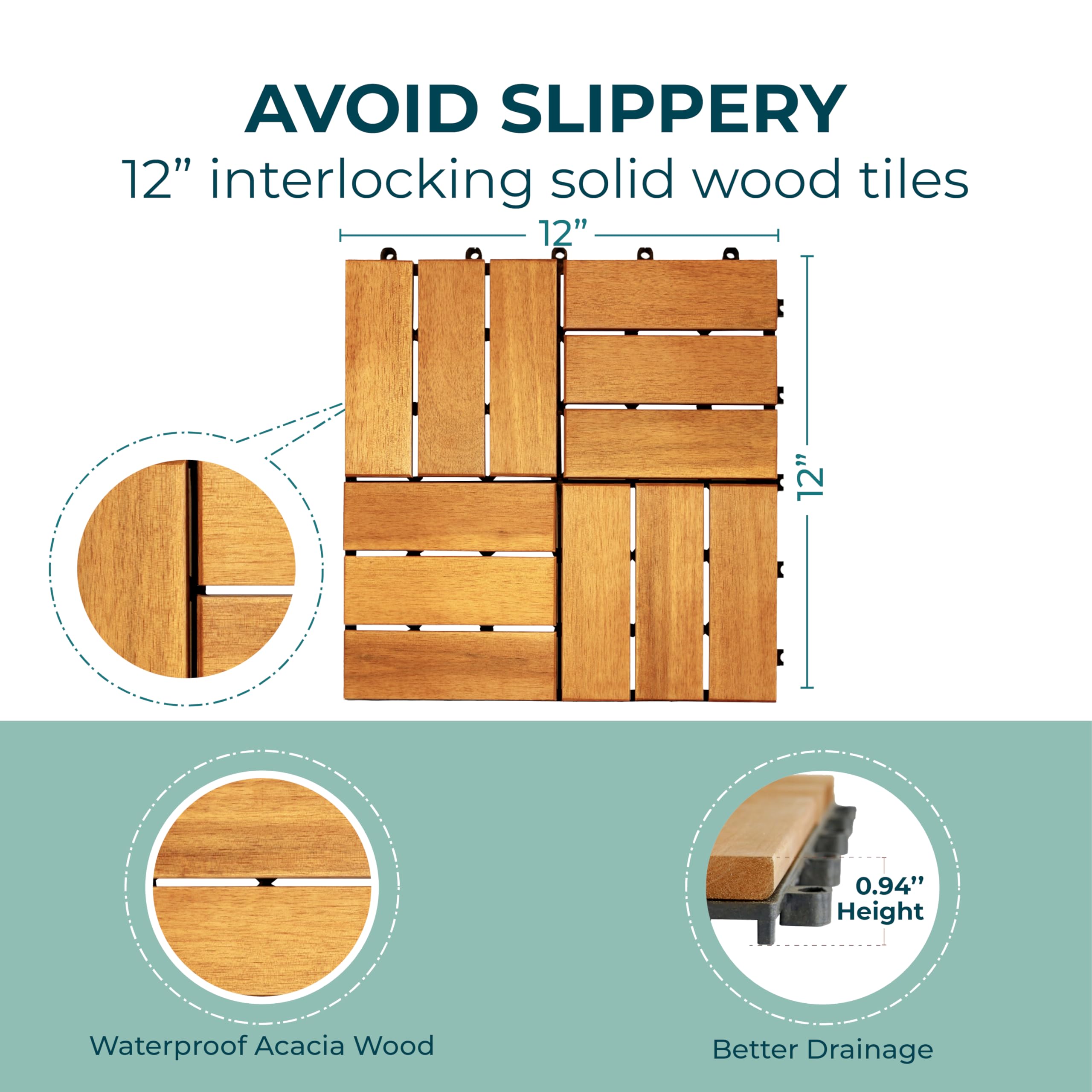 CLOVERHOLM 10Pcs Interlocking Deck Tiles - Waterproof 12βx12β Acacia Wood Tiles, Patio Tiles for Indoor and Outdoor, interlocking outdoor floor tiles, pavers, 12 Slats Checker Pattern (Natural, 12in)