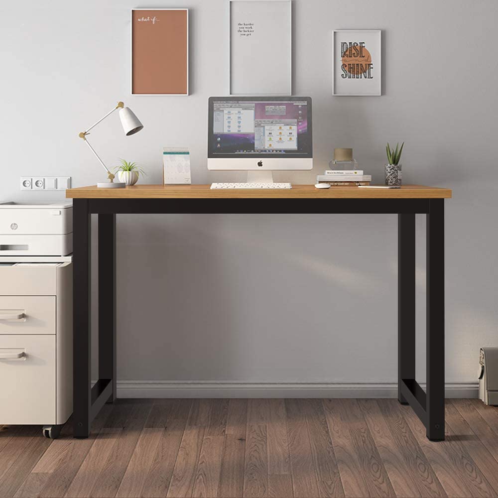 Coral Flower Modern Computer Desk 55'' large writing study table for home office, Light Walnut and Black frame